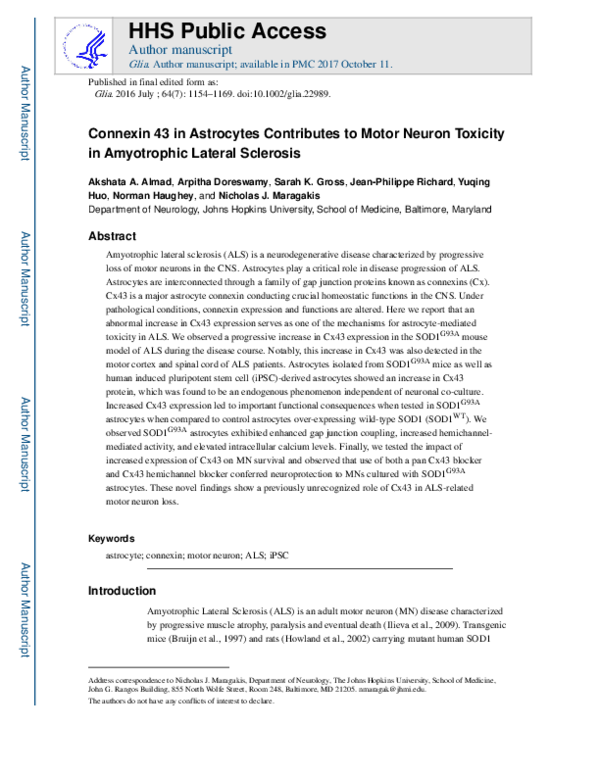 (PDF) Connexin 43 in astrocytes contributes to motor neuron toxicity in ...