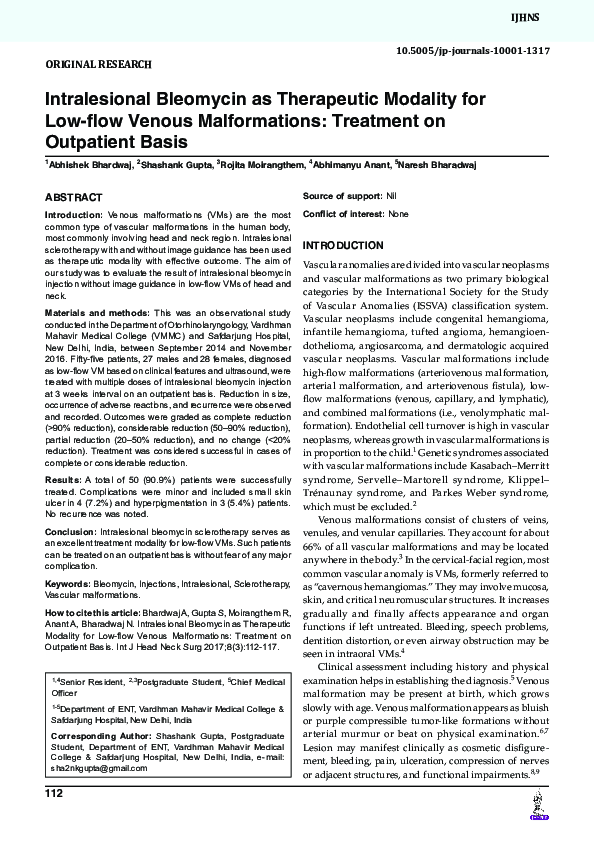 (PDF) Intralesional Bleomycin as Therapeutic Modality for Low-flow ...