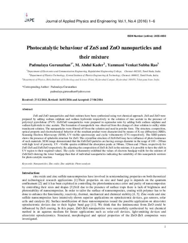 (PDF) Photocatalytic behaviour of ZnS and ZnO nanoparticles and their mixture
