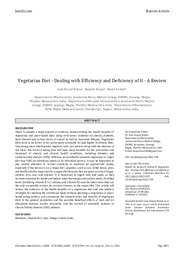 (PDF) Vegetarian Diet - Dealing with Efficiency and Deficiency of It - A Review