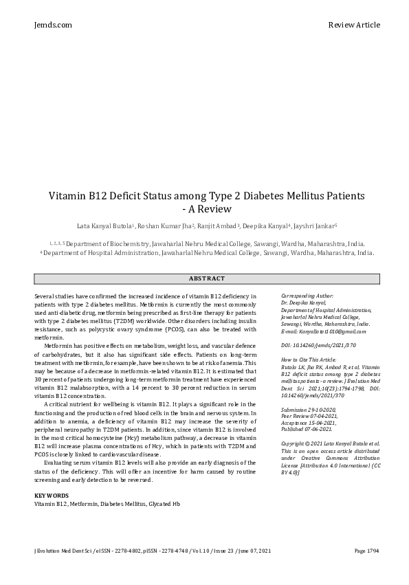 (PDF) Vitamin B12 Deficit Status among Type 2 Diabetes Mellitus ...