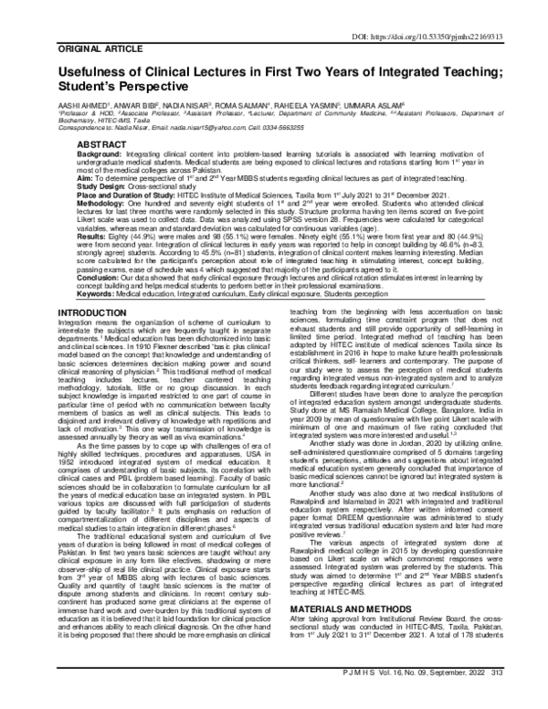 (PDF) Usefulness of Clinical Lectures in First Two Years of Integrated ...