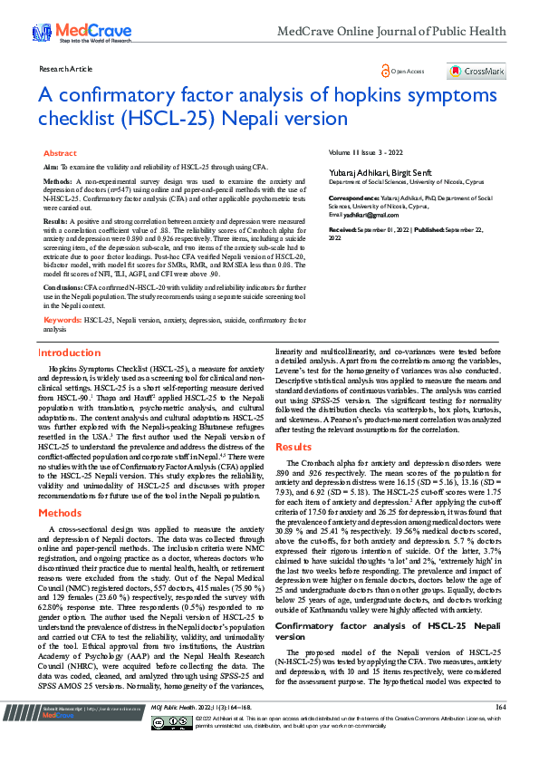 (PDF) A confirmatory factor analysis of hopkins symptoms checklist ...