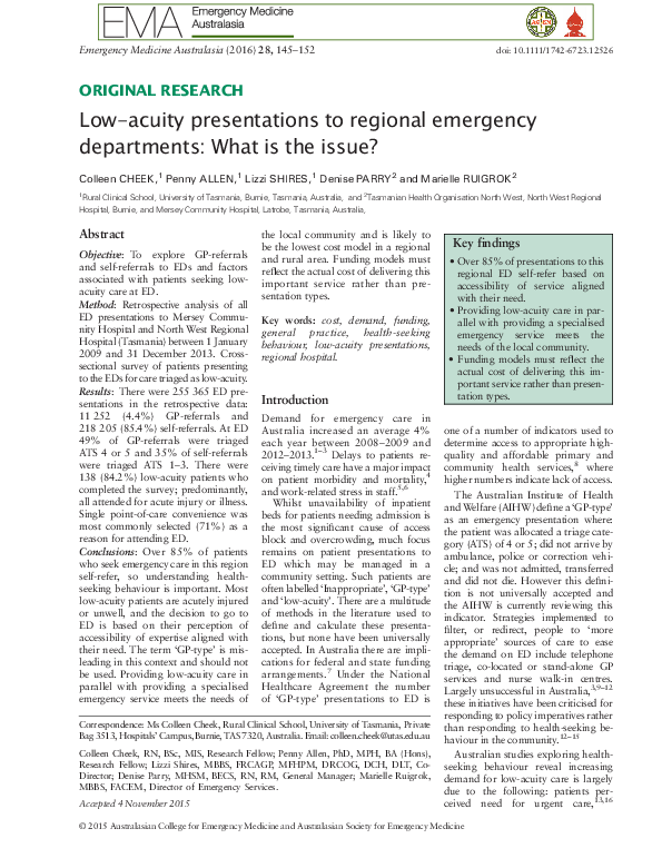 (PDF) Low-acuity presentations to regional emergency departments: What ...