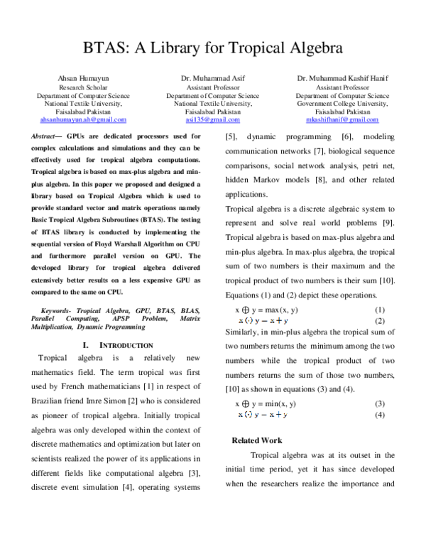 (PDF) BTAS: A Library for Tropical Algebra