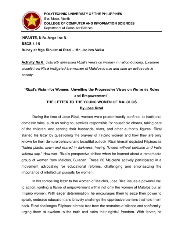 (PDF) “Rizal’s Vision for Women: Unveiling the Progressive Views on ...