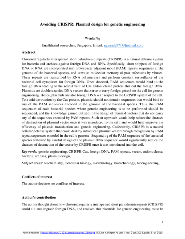 (PDF) Avoiding CRISPR: Plasmid design for genetic engineering