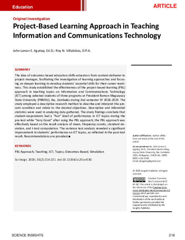 (PDF) Project-Based Learning Approach in Teaching Information and Communications Technology