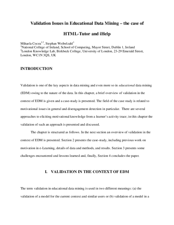 Pdf Validation Issues In Educational Data Mining The Case Of Html Tutor And Ihelp