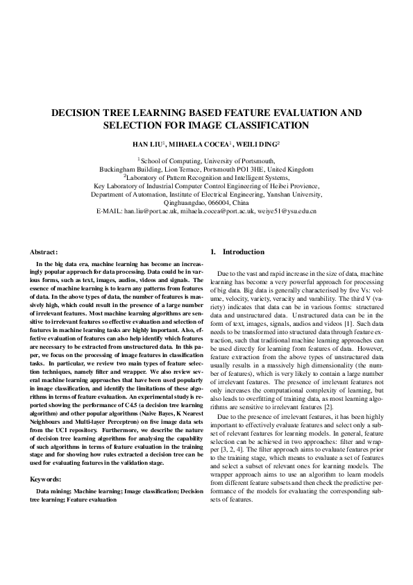(PDF) Decision tree learning based feature evaluation and selection for image classification