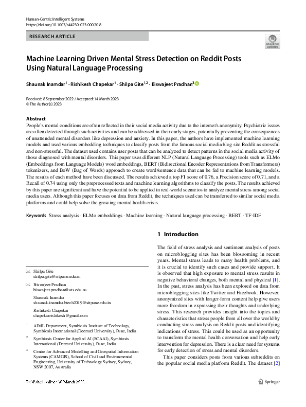 (PDF) Machine Learning Driven Mental Stress Detection on Reddit Posts Using Natural Language ...