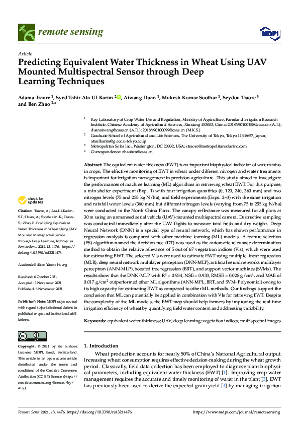 (PDF) Predicting Equivalent Water Thickness in Wheat Using UAV Mounted Multispectral Sensor ...
