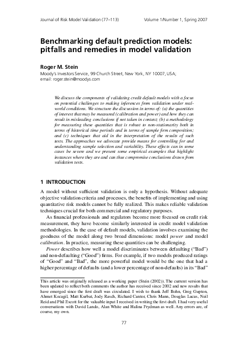(PDF) Benchmarking default prediction models: pitfalls and remedies in model validation