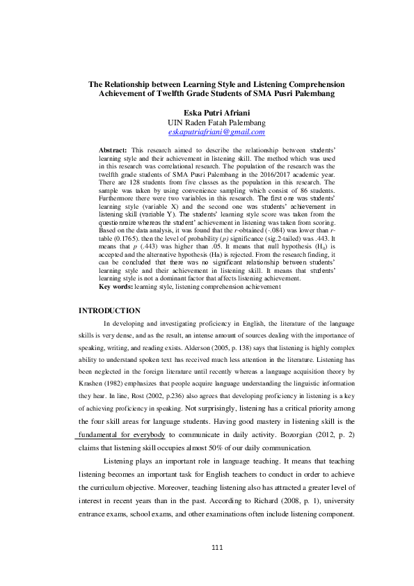 (PDF) The Relationship between Learning Style and Listening Comprehension Achievement of Twelfth ...