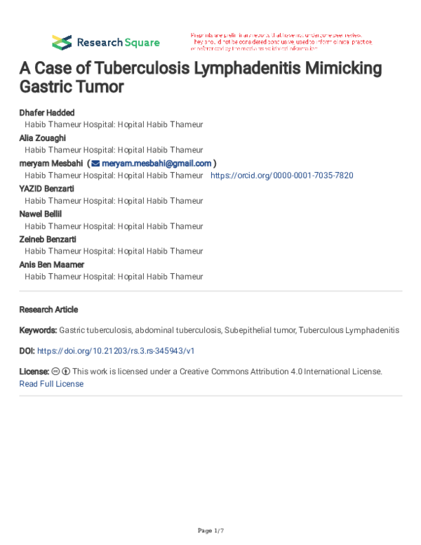 (PDF) A Case of Tuberculosis Lymphadenitis Mimicking Gastric Tumor