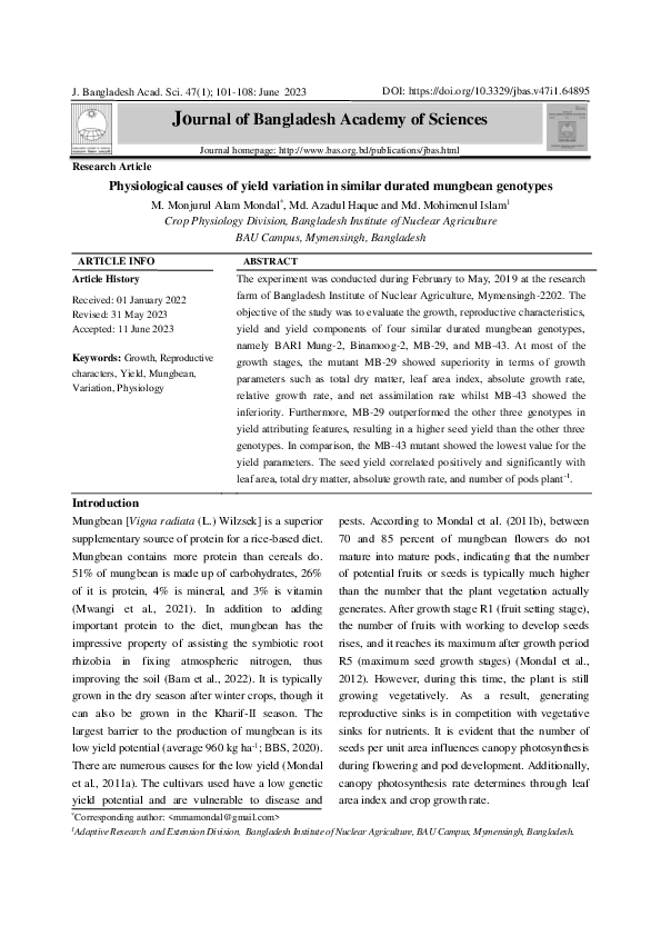 (PDF) Physiological causes of yield variation in similar durated ...