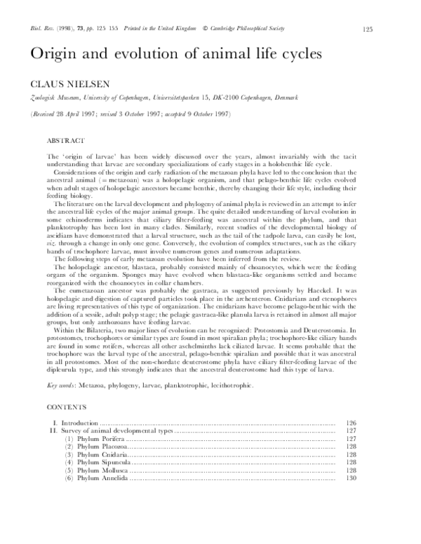 (PDF) Origin and evolution of animal life cycles