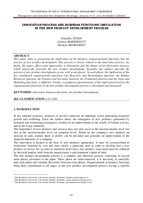 (PDF) Innovation Process and Business Functions’ Implication in the New ...