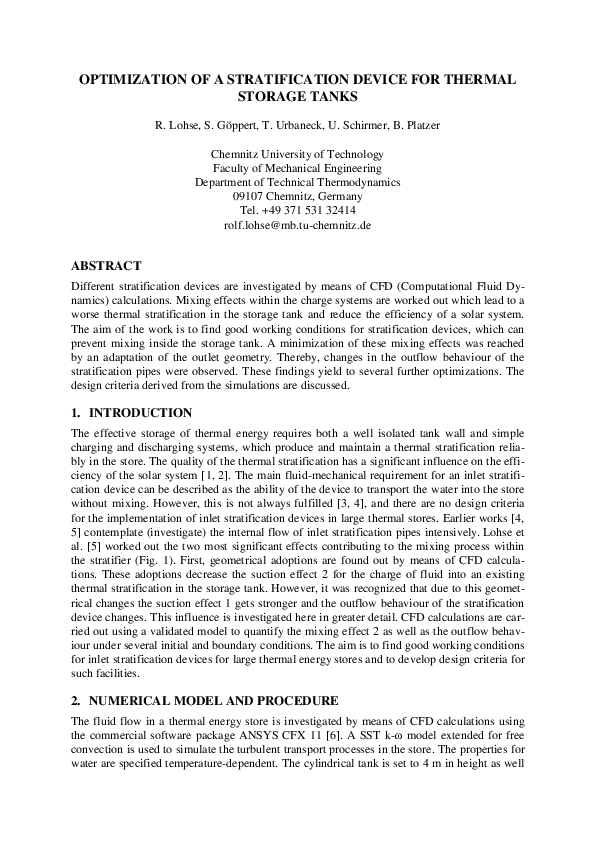 Pdf Optimization Of A Stratification Device For Thermal Storage Tanks