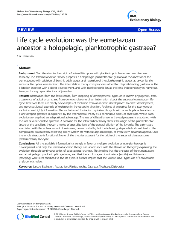 (PDF) Life cycle evolution: was the eumetazoan ancestor a holopelagic, planktotrophic gastraea?
