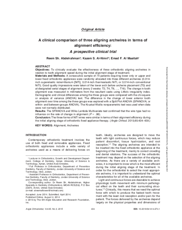 (PDF) A clinical comparison of three aligning archwires in terms of alignment efficiency: A ...