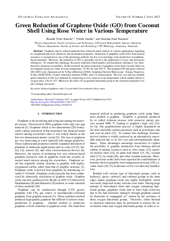 (PDF) Green Reduction of Graphene Oxide (GO) from Coconut Shell Using Rose Water in Various ...