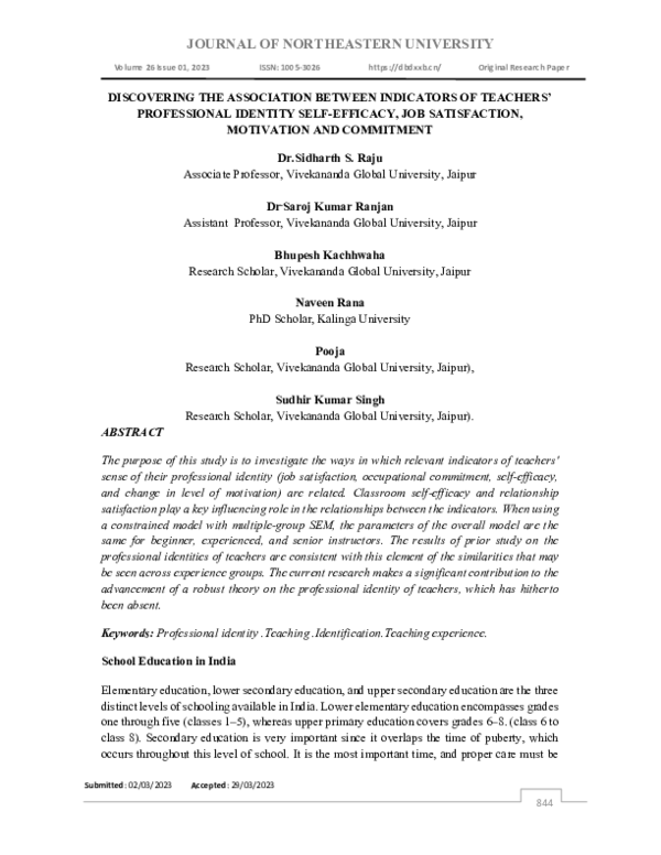 (PDF) DISCOVERING THE ASSOCIATION BETWEEN INDICATORS OF TEACHERS' PROFESSIONAL IDENTITY SELF ...