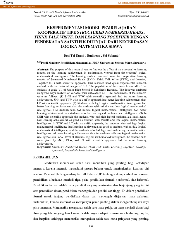 (PDF) Eksperimentasi Model Pembelajaran Kooperatif Tipe Structured Numbered Heads, Think Talk ...
