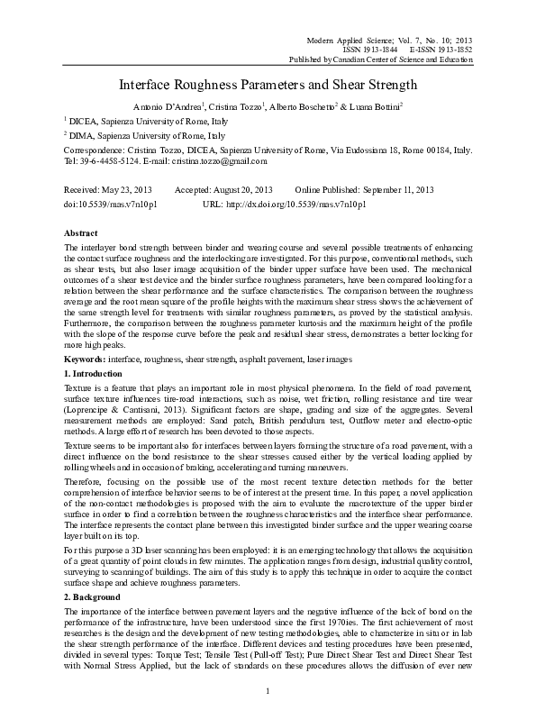 (PDF) Interface Roughness Parameters and Shear Strength (PDF) Interface Roughness Parameters and Shear Strength