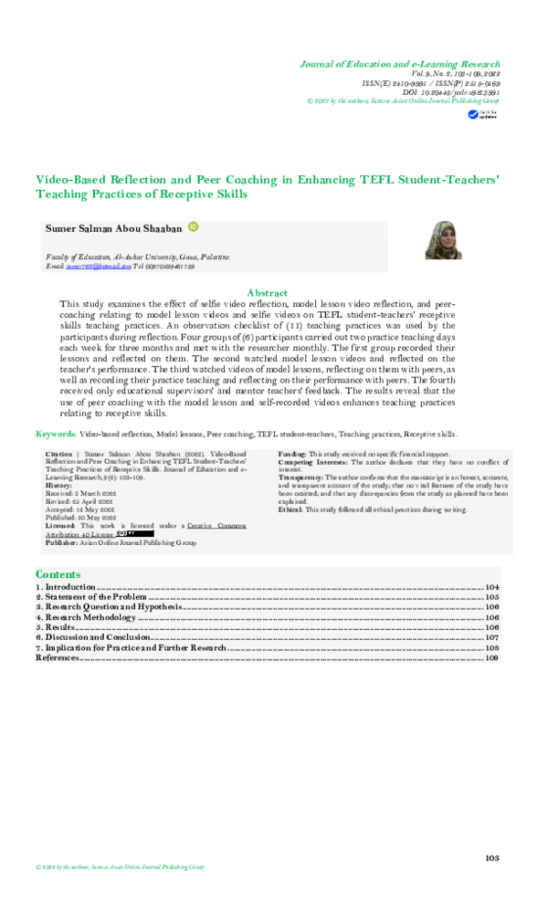 (PDF) Video-Based Reflection and Peer Coaching in Enhancing TEFL Student-Teachers' Teaching ...