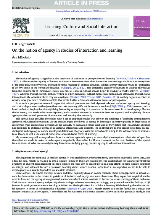 (PDF) On the notion of agency in studies of interaction and learning