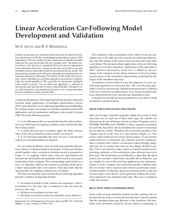 (PDF) Linear Acceleration Car-Following Model Development and Validation