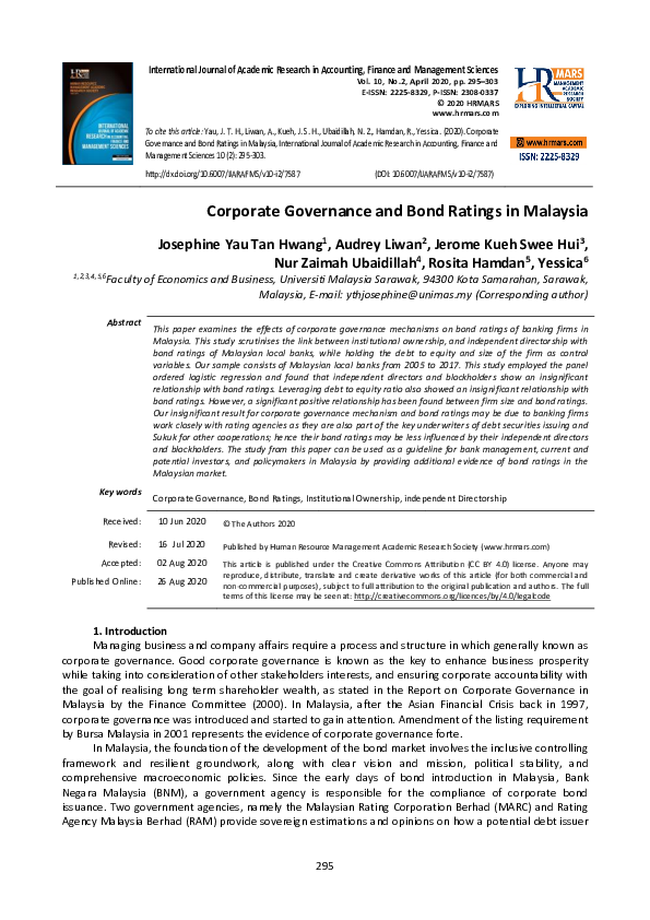(PDF) Corporate Governance and Bond Ratings in Malaysia