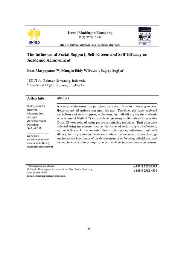 (PDF) The Influence of Social Support, Self-Esteem and Self-Efficacy on Academic Achievement
