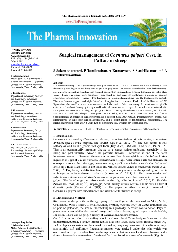 (PDF) Surgical management of Coenurus gaigeri Cyst. in Pattanam sheep