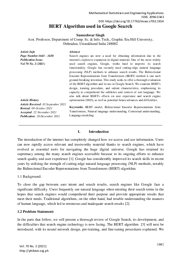 (PDF) BERT Algorithm used in Google Search