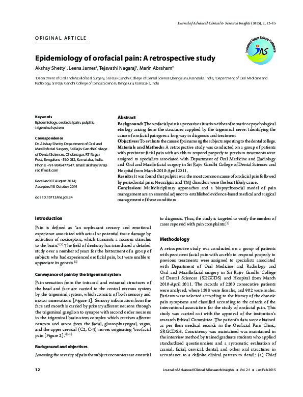 (PDF) Epidemiology of orofacial pain: A retrospective study