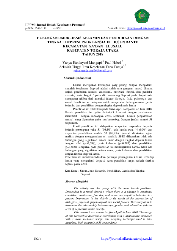 (PDF) Hubungan Umur, Jenis Kelamin Dan Pendidikan Dengan Tingkat Depresi Pada Lansia DI Dusun ...