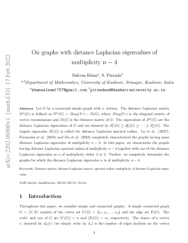 (PDF) On graphs with distance Laplacian eigenvalues of multiplicity n−4 | S. Pirzada - Academia.edu