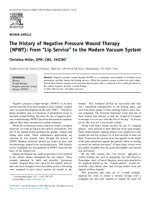 (PDF) The History of Negative Pressure Wound Therapy (NPWT): From "Lip Service" to the Modern ...
