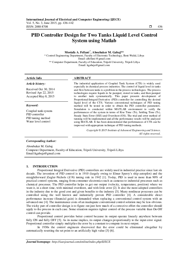 (PDF) PID Controller Design for Two Tanks Liquid Level Control System Using Matlab