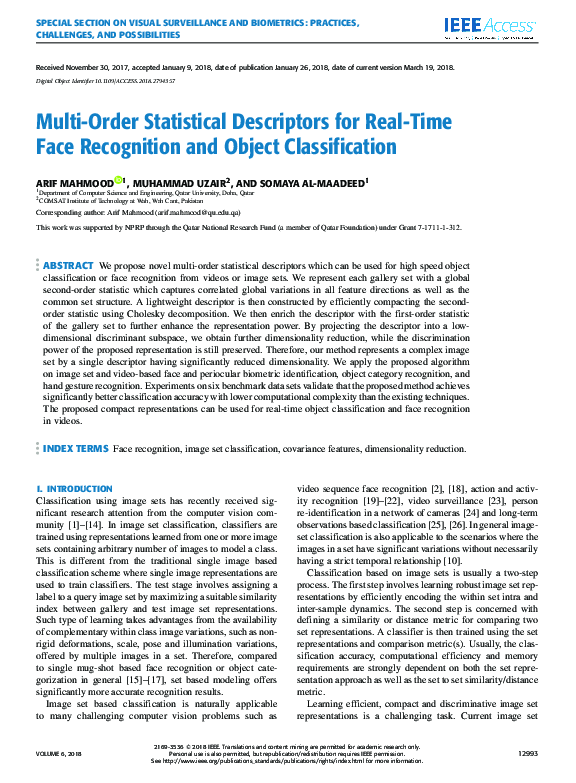 (PDF) Multi-Order Statistical Descriptors for Real-Time Face Recognition and Object Classification