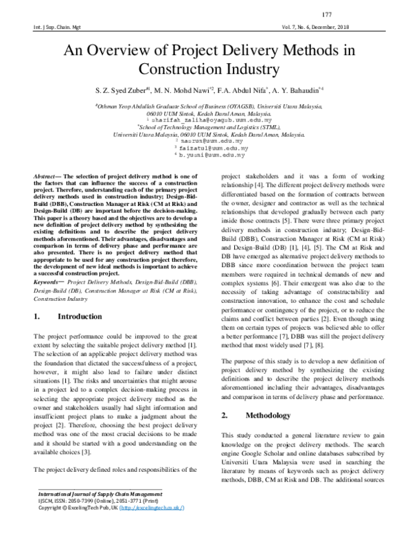 (PDF) An Overview of Project Delivery Methods in Construction Industry