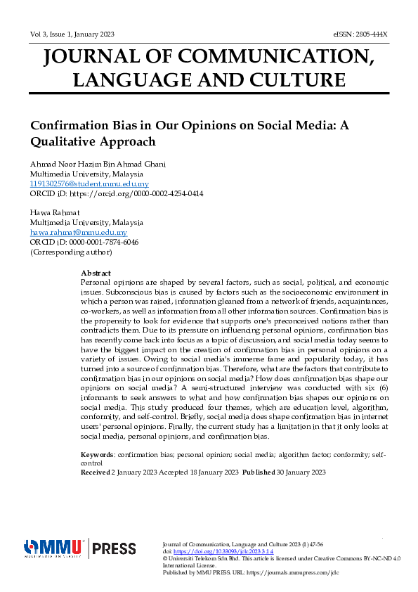 (PDF) Confirmation Bias in Our Opinions on Social Media: A Qualitative ...