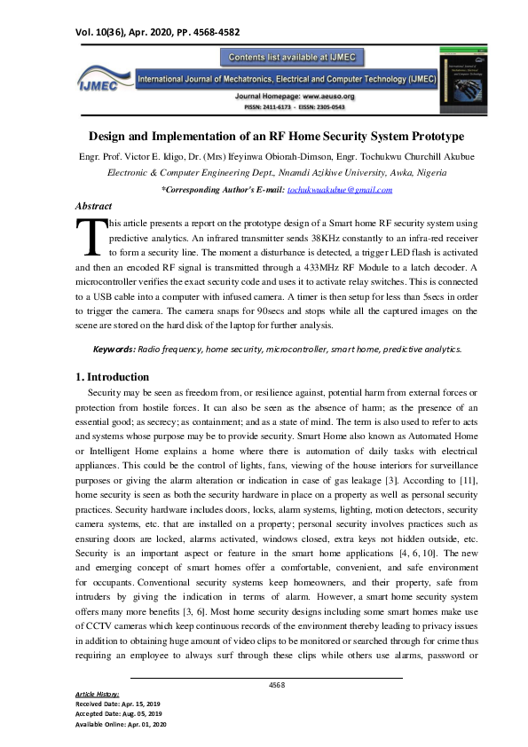 (PDF) Design and Implementation of an RF Home Security System Prototype | Felicitas Idigo ...