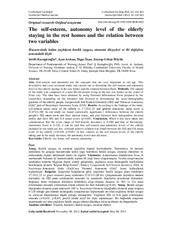 (PDF) The self-esteem, autonomy level of the elderly staying in the rest homes and the relation ...