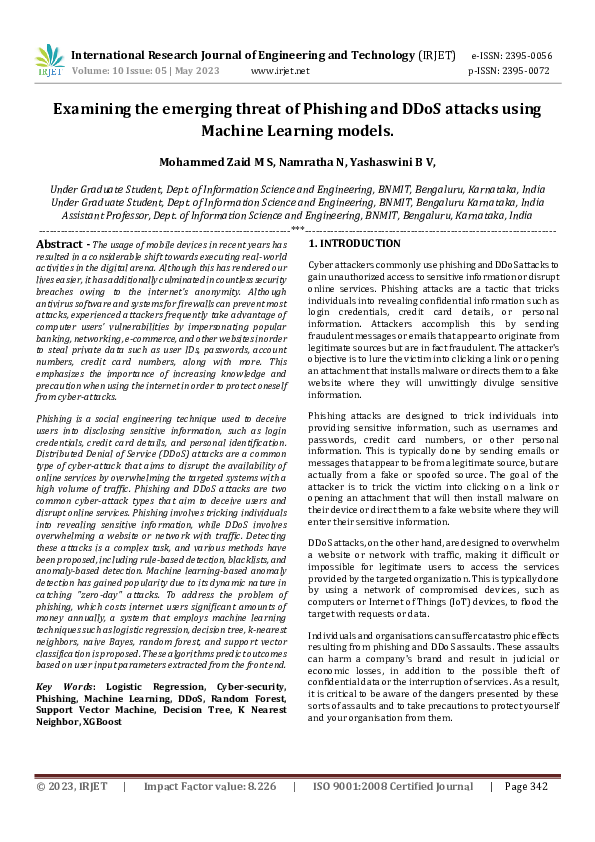 Pdf Examining The Emerging Threat Of Phishing And Ddos Attacks Using Machine Learning Models