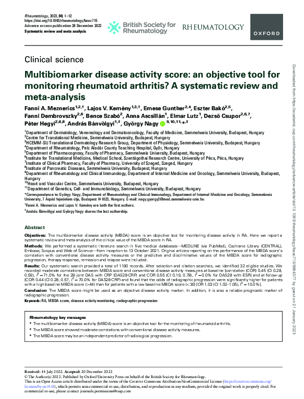 (PDF) Multibiomarker disease activity score: an objective tool for ...