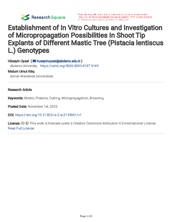 (PDF) Establishment of In Vitro Cultures and Investigation of Micropropagation Possibilities In ...