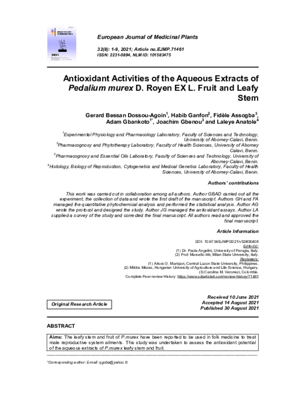 (PDF) Antioxidant Activities of the Aqueous Extracts of Pedalium murex D. Royen EX L. Fruit and ...